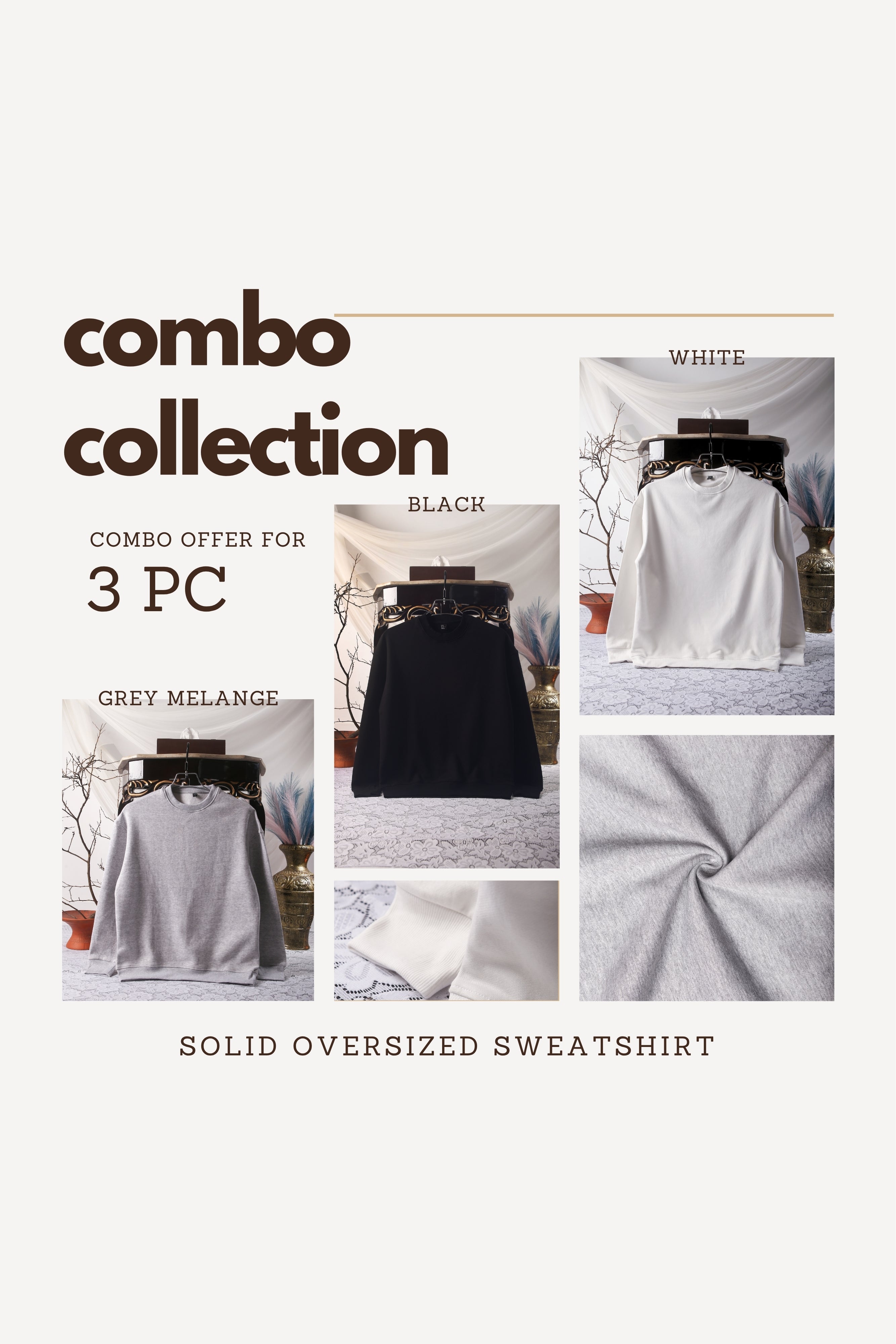 3-PCS Solid Premium Oversized Sweatshirt Combo - Black, Grey & White – 7VNE